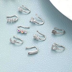 Barnabys Nose Cuffs Non Piercing. Pack of 9 Nose Cuffs - Silver With Rhinestones. 9 Stylish Designs to choose from - Nose Cuff Jewellery for Non Pierced Nose - Clip on Design - Silver