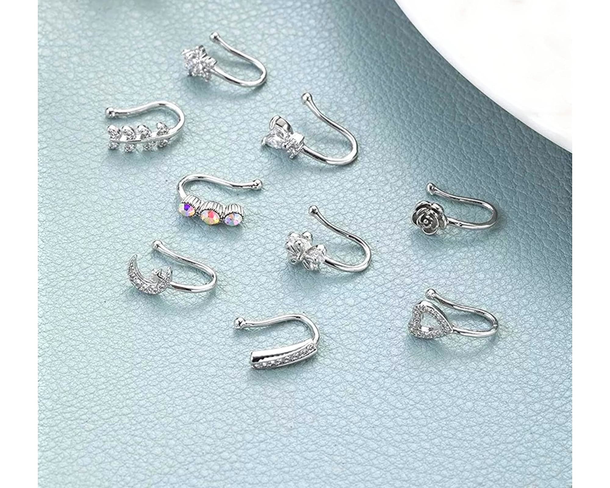 Barnabys Nose Cuffs Non Piercing. Pack of 9 Nose Cuffs - Silver With Rhinestones. 9 Stylish Designs to choose from - Nose Cuff Jewellery for Non Pierced Nose - Clip on Design - Silver