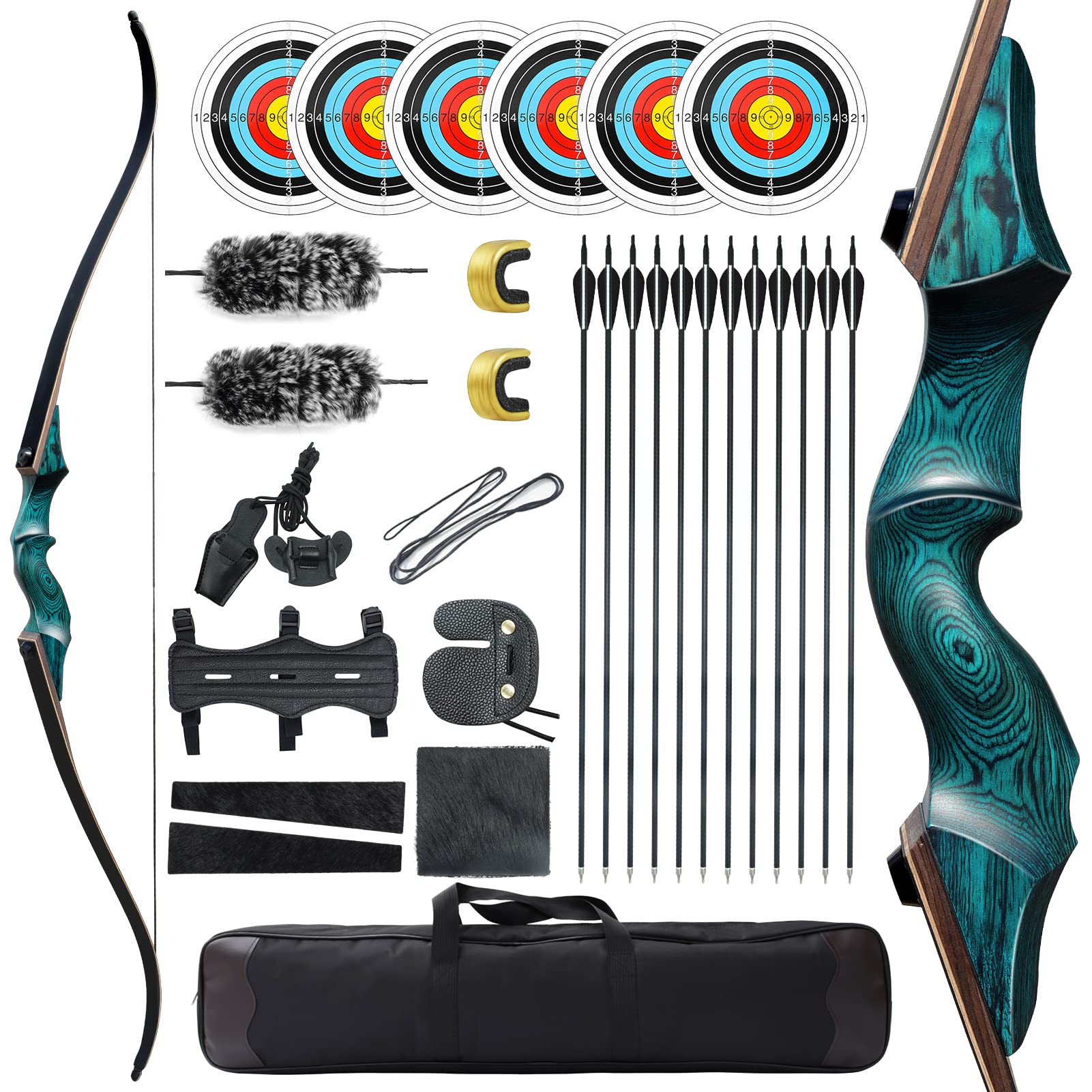 Black Hunter Original Recurve Bows Bow and Arrow for Adults Archery Set Hunting Bow 60" 20-60 lbs Right Hand Wooden Riser with Carbon Arrows and Bow Case for Outdoor Shooting Competition (45 lbs)