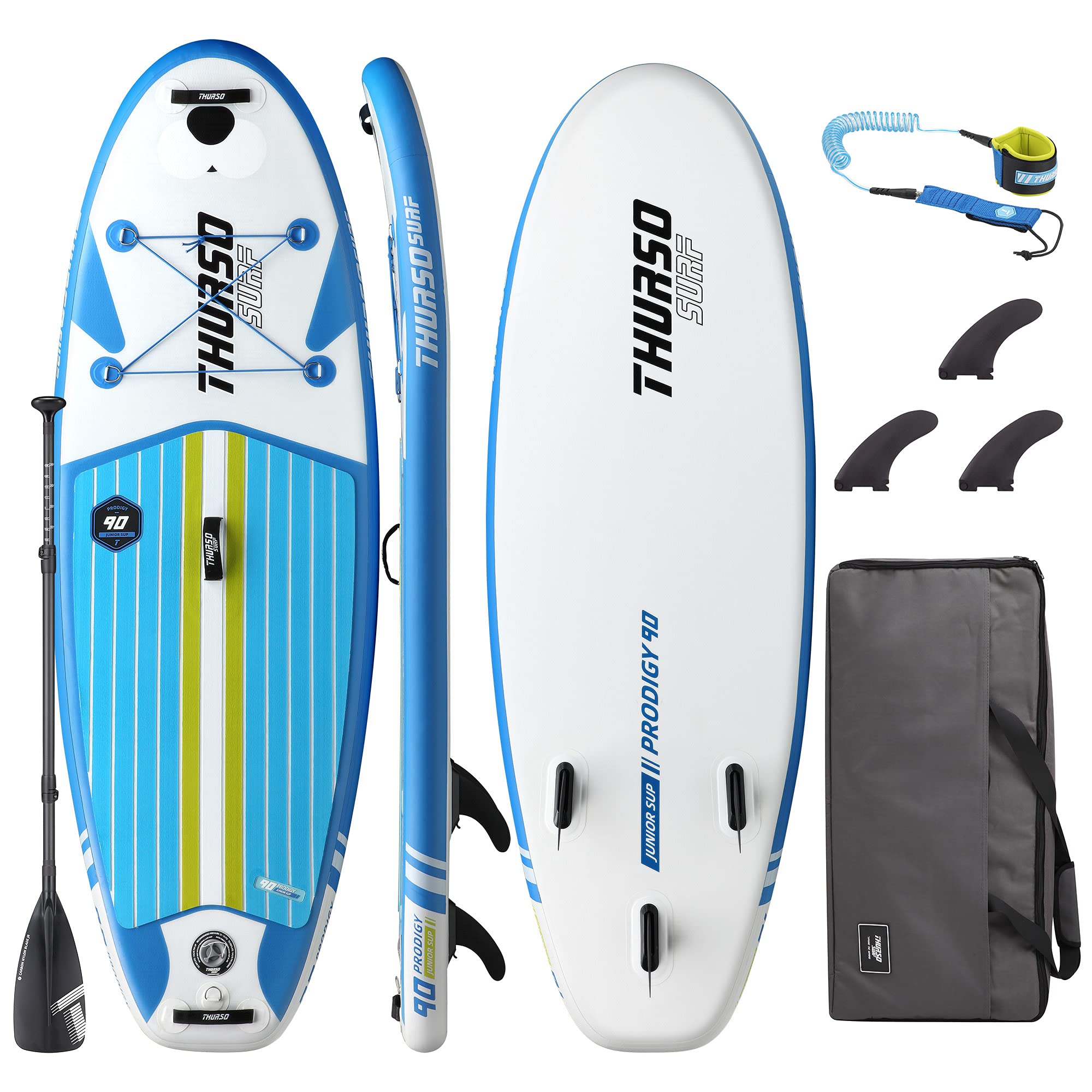 THURSO SURF Prodigy Junior Kids Inflatable SUP Stand Up Paddle Board 7'6 x 30'' x 4'' Two Layer Includes Adjustable Carbon Shaft Paddle/3 Fins/Leash/Duffle Bag/NO Pump Included (Azure)