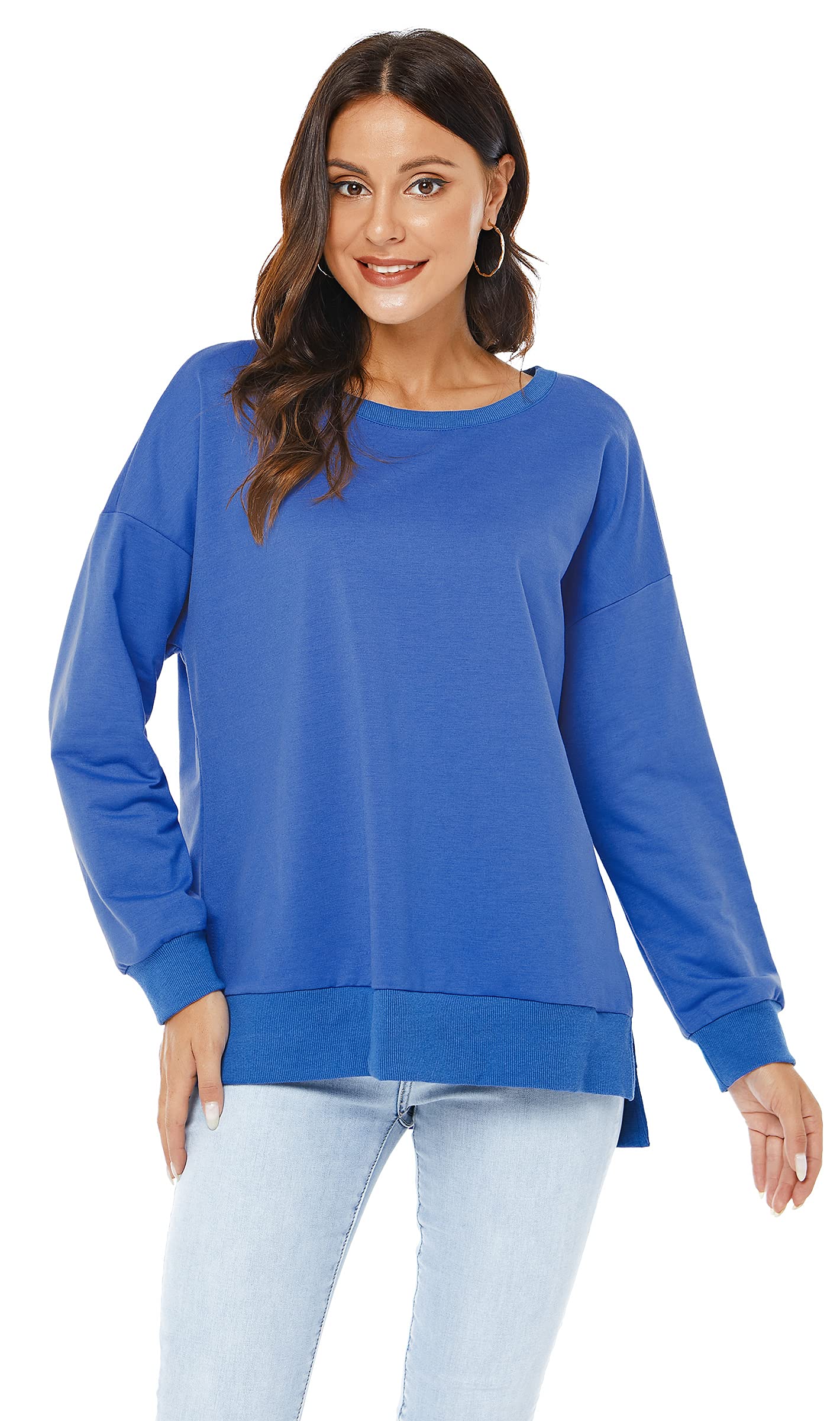 VIISHOW Women’s Sporty Sweatshirt Crew Neck Long Sleeves Pullover Ribbed Cuffs Hems Pullover Tops,Royal Blue,2X-Large