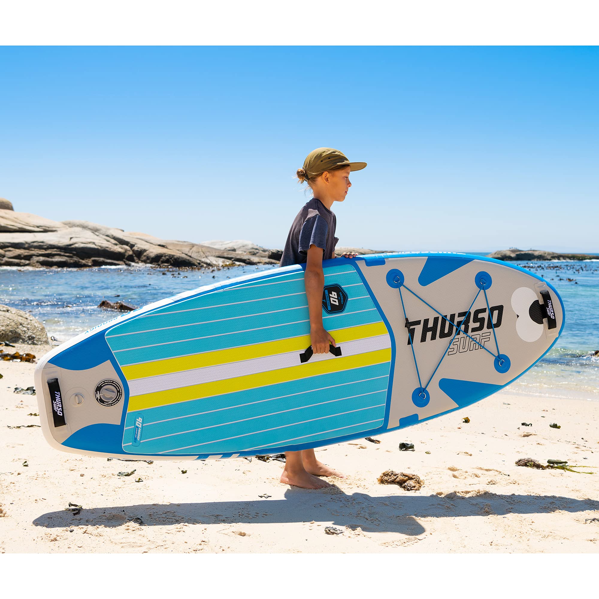 THURSO SURF Prodigy Junior Kids Inflatable SUP Stand Up Paddle Board 7'6 x 30'' x 4'' Two Layer Includes Adjustable Carbon Shaft Paddle/3 Fins/Leash/Duffle Bag/NO Pump Included (Azure)