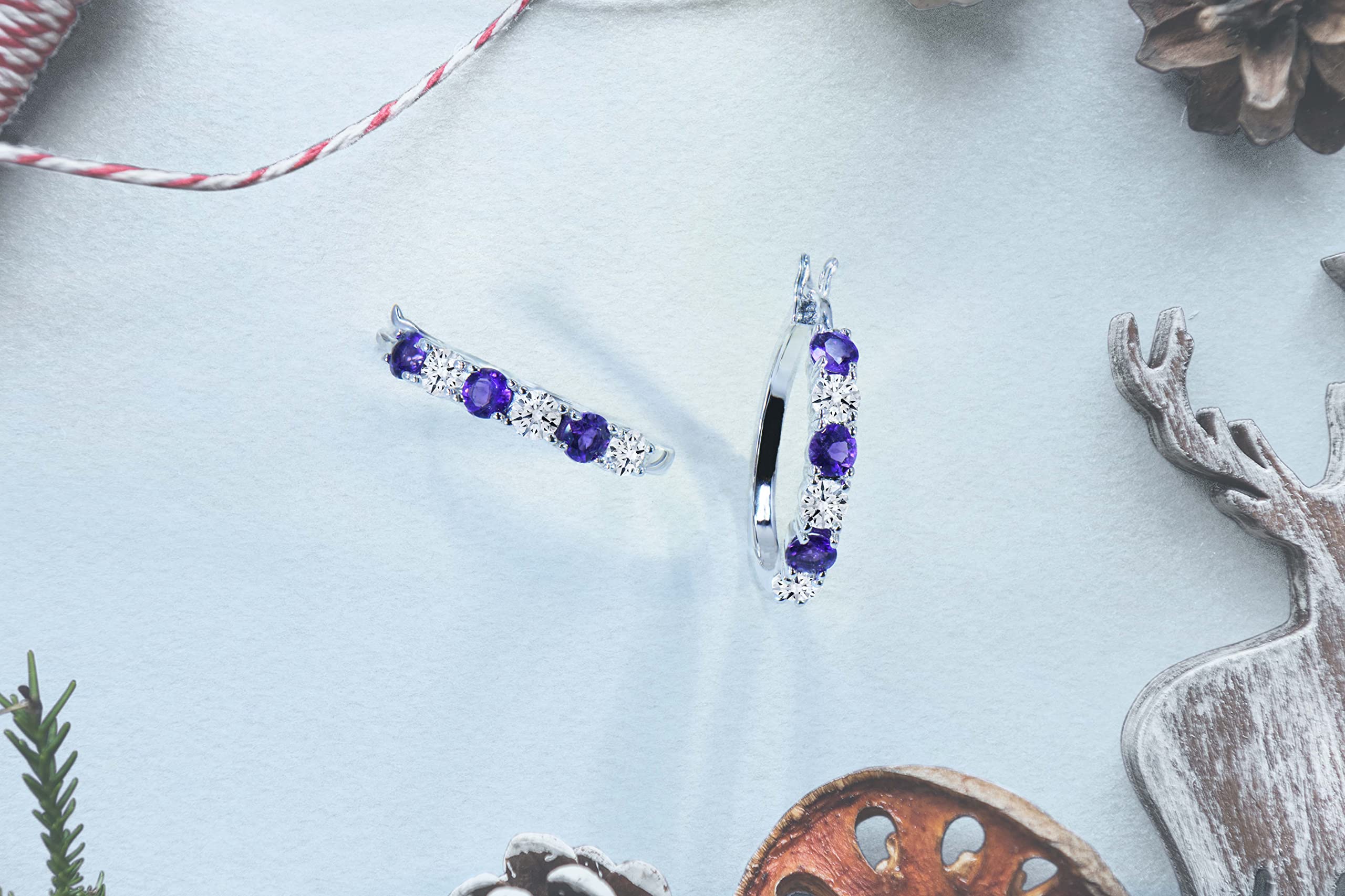 Tirafina Amethyst and Lab-Created White Sapphire Hoop Earrings, Alternating Stones, Birthstone Jewelry, Sterling Silver (3mm Stone)