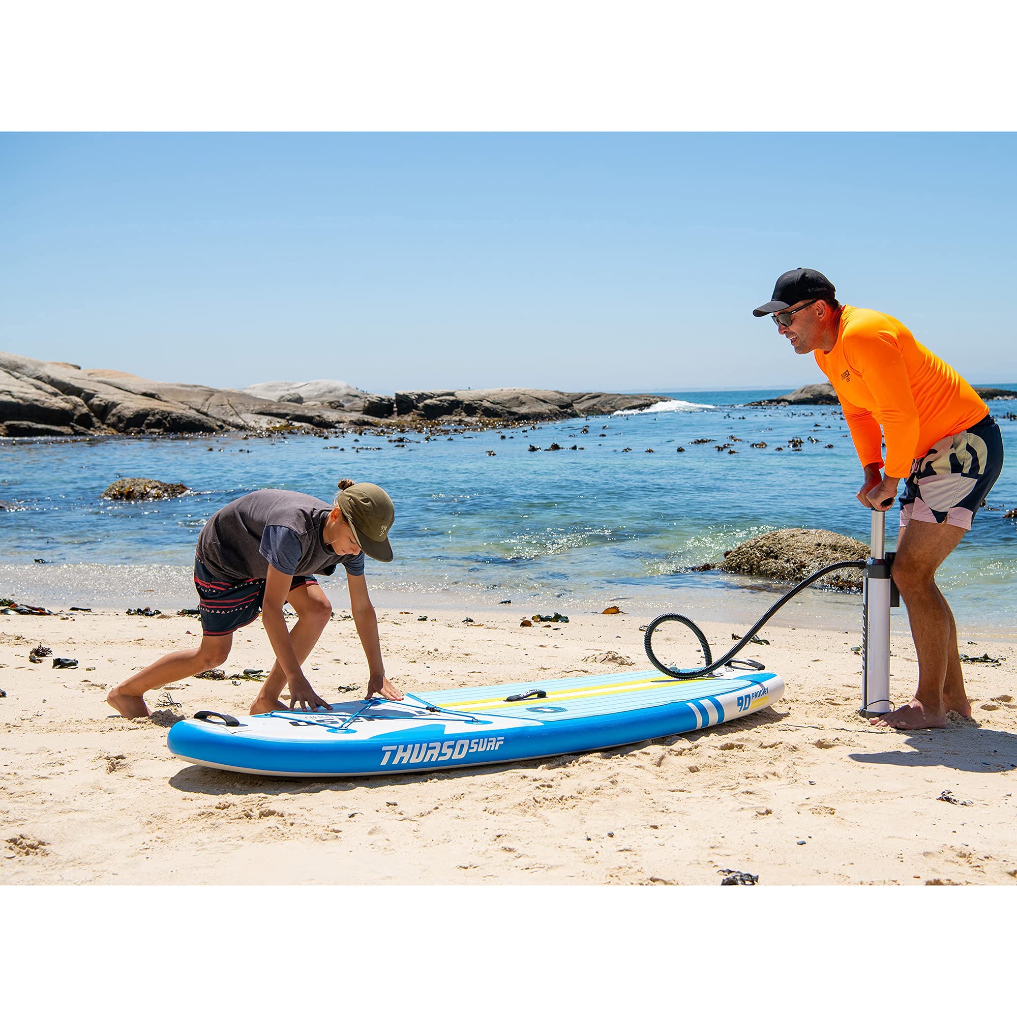 THURSO SURF Prodigy Junior Kids Inflatable SUP Stand Up Paddle Board 7'6 x 30'' x 4'' Two Layer Includes Adjustable Carbon Shaft Paddle/3 Fins/Leash/Duffle Bag/NO Pump Included (Azure)