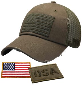 antourage american flag unconstructed hat for men and women twill mesh snapback baseball usa flag cap + 2 patriotic patches ((02) olive distressed mesh snapback)