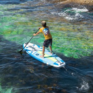 THURSO SURF Prodigy Junior Kids Inflatable SUP Stand Up Paddle Board 7'6 x 30'' x 4'' Two Layer Includes Adjustable Carbon Shaft Paddle/3 Fins/Leash/Duffle Bag/NO Pump Included (Azure)