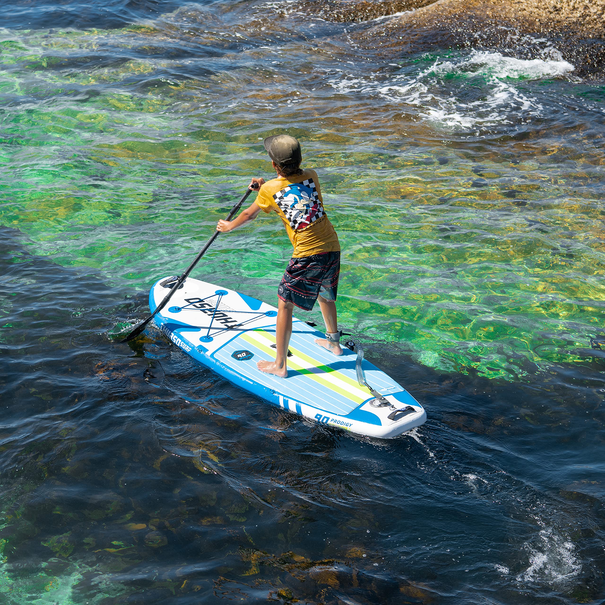 THURSO SURF Prodigy Junior Kids Inflatable SUP Stand Up Paddle Board 7'6 x 30'' x 4'' Two Layer Includes Adjustable Carbon Shaft Paddle/3 Fins/Leash/Duffle Bag/NO Pump Included (Azure)