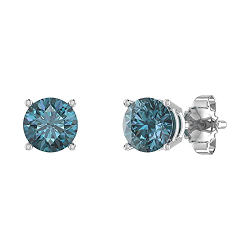 1 Carat 4-Prong Set Blue Diamond Stud Earrings in 10K White Gold