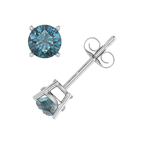 1 Carat 4-Prong Set Blue Diamond Stud Earrings in 10K White Gold