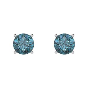 1 Carat 4-Prong Set Blue Diamond Stud Earrings in 10K White Gold