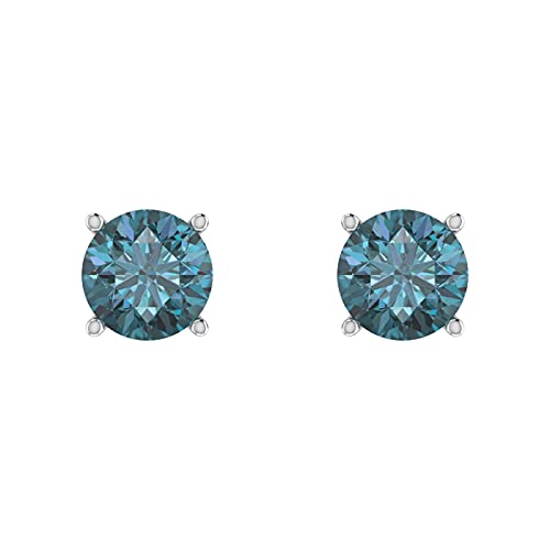 1 Carat 4-Prong Set Blue Diamond Stud Earrings in 10K White Gold