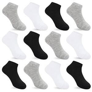 auranso 12 pairs boy athletic ankle socks girl low cut sock white black grey 9-12 years