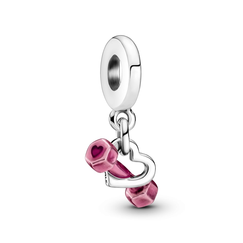 Pandora Dumbbell & Heart Dangle Charm - Compatible Moments Bracelets - Jewelry for Women - Gift for Women - Made with Sterling Silver & Enamel