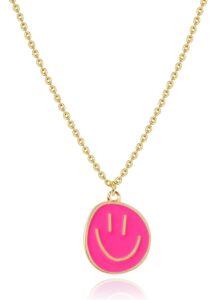 aulsiey smile face necklaces cute necklaces for teen, pink necklace hot pink jewelry preppy necklaces, hot pink necklaces 14k gold plated necklace happy face necklace- hot pink