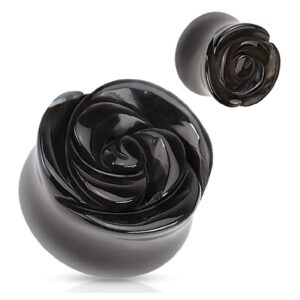 Pierced Owl Black Rose Carved into Black Agate Semi Precious Single Side Double Flared Plugs, Sold as a Pair (12mm (1/2"))