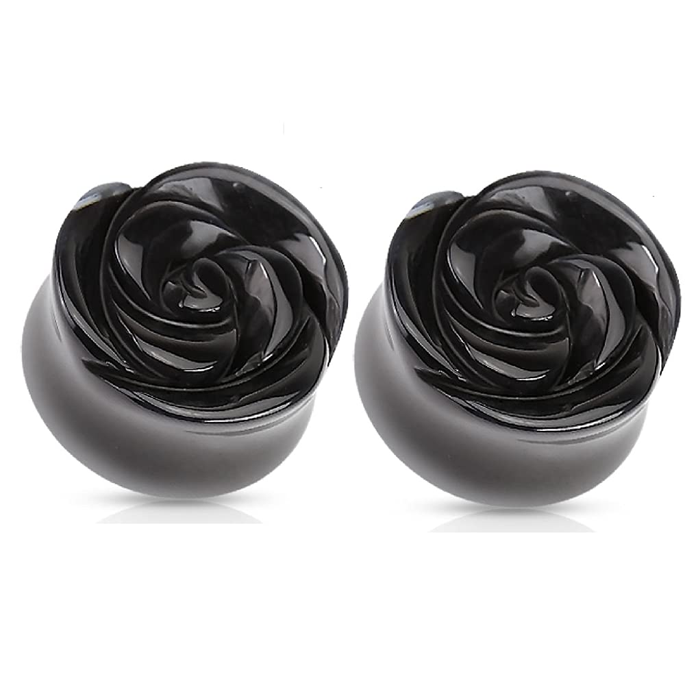 Pierced Owl Black Rose Carved into Black Agate Semi Precious Single Side Double Flared Plugs, Sold as a Pair (12mm (1/2"))