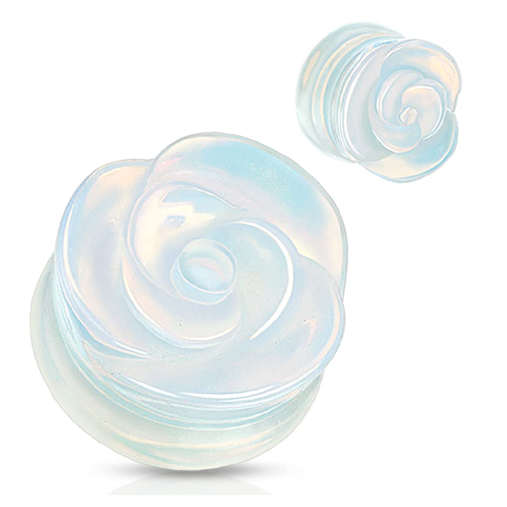 Pierced Owl Opalite Rose Carved into Synthetic Opal Semi Precious Single Side Double Flared Plugs, Sold as a Pair (6mm (2GA))