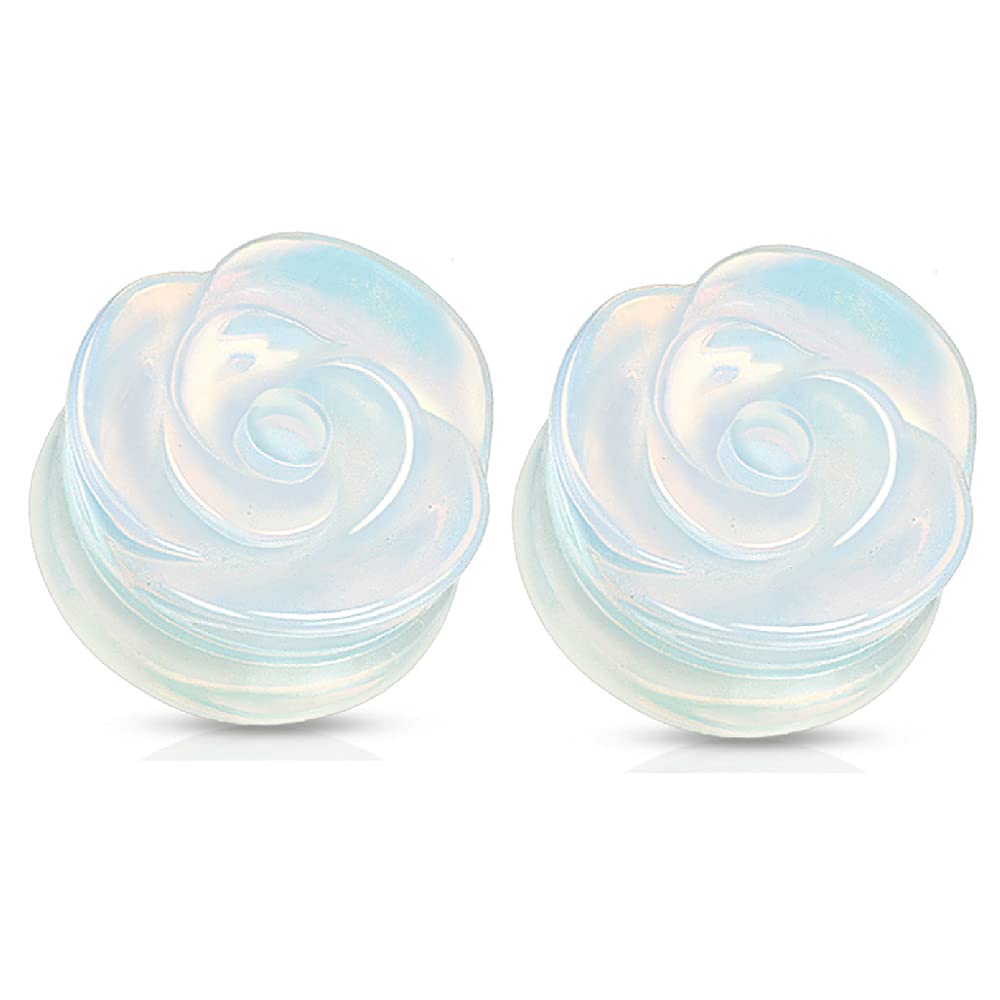 Pierced Owl Opalite Rose Carved into Synthetic Opal Semi Precious Single Side Double Flared Plugs, Sold as a Pair (6mm (2GA))