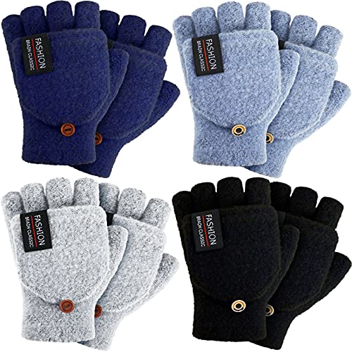 SATINIOR 4 Pairs Fingerless Gloves with Cover Convertible Mittens Knitted Gloves for Women Men (Black, Light Grey, Light Blue, Navy Blue), One Size