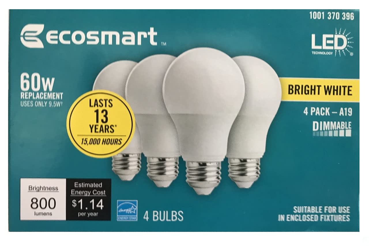 LED TECHNOLOGY EcoSmart 60-Watt Equivalent A19 Dimmable Energy Star LED Light Bulb Bright White (4-Pack)