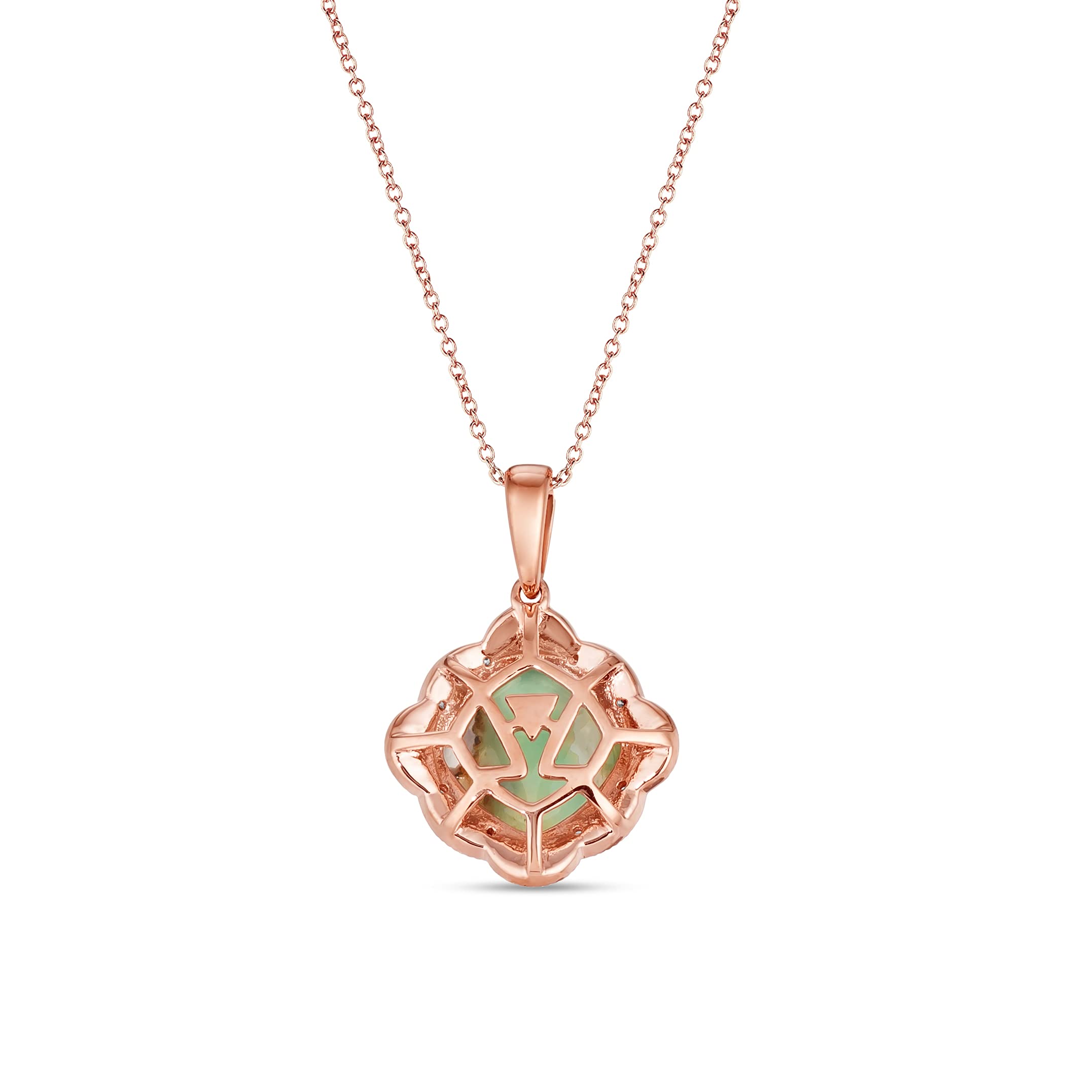 LE VIAN 3 2/5 Carat Cushion Shape Green Aquaprase Milgrain Flower Pendant Necklace for Women in 14k Rose Gold Plated 925 Sterling Silver on 18 Inch Chain with Lobster Claw Topaz and Quartz Pendant