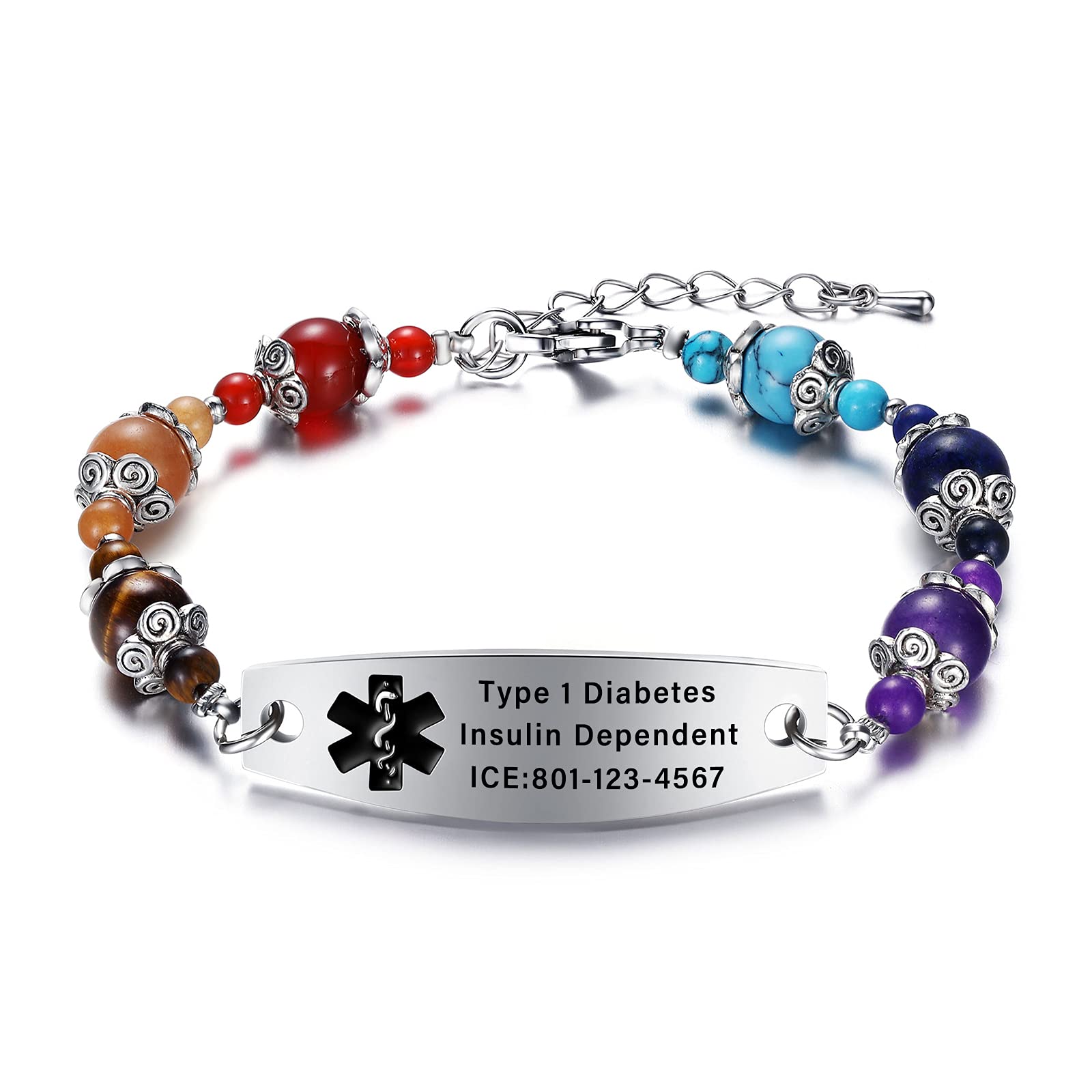 Medical Alert Bracelets for Women & Men | Medical ID Bracelets for Men & Women | Customize Colorful Beads Medical Bracelet | Stainless Steel Plate | Adjustable 7.5-9.0"