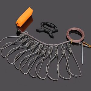 joyeee stainless steel fishing stringer for wading boat kayak, with float carabiner, 10 pcs fish lock and plastic handle, 27 ft 300lb silent stringer durable fishing gear, clip fish holder, red