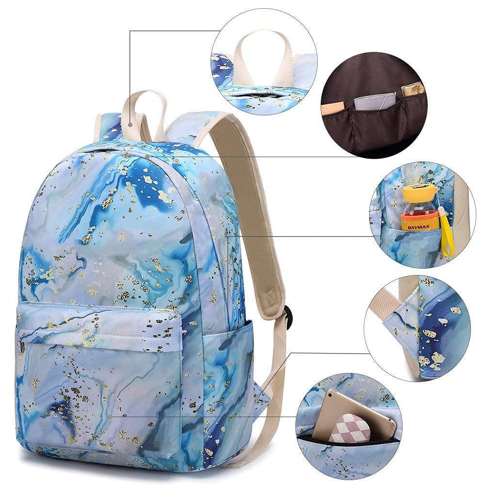 School Backpack for Teen Girls Women Laptop Backpack Marble College Bookbags Middle School Travel Work Commuter Back Pack(Marble Blue)