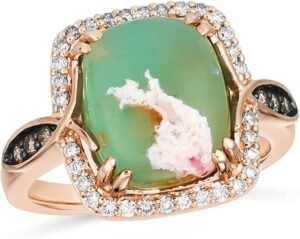 le vian 4 2/3 carat cushion shaped green aquaprase cabochon white topaz and smokey quartz halo statement ring for women in 14k rose gold plated 925 sterling silver promise anniversary ring size 10