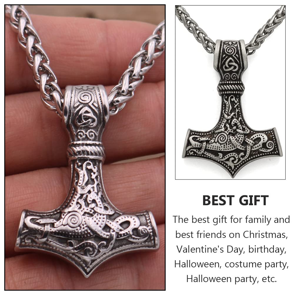 Viking Necklace Viking Mjolnir Necklace Norse Pagan Jewelry Nordic Vegvisir Mjolnir Necklace Stainless Steel Protection Amulet