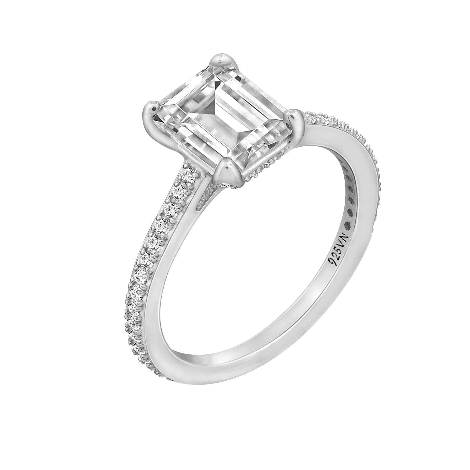 DIAMONBLISS Platinum Plated Silver Classic Emerald Cut Cubic Zirconia Cocktail Ring (8)