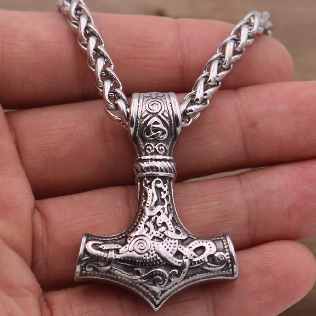 Viking Necklace Viking Mjolnir Necklace Norse Pagan Jewelry Nordic Vegvisir Mjolnir Necklace Stainless Steel Protection Amulet