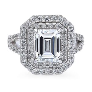 BERRICLE Sterling Silver Halo Wedding Engagement Rings Emerald Cut Cubic Zirconia CZ Statement Cocktail Split Shank Ring for Women, Rhodium Plated Size 8