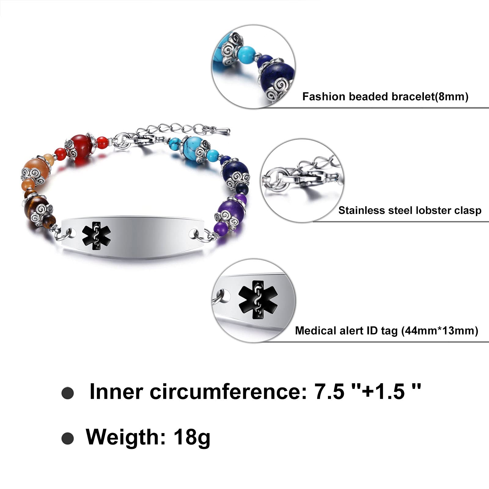 Medical Alert Bracelets for Women & Men | Medical ID Bracelets for Men & Women | Customize Colorful Beads Medical Bracelet | Stainless Steel Plate | Adjustable 7.5-9.0"