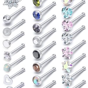 Prjndjw 44pcs 18G 20G Nose Rings Studs Nose Rings for Women Nose Piercings Jewelry Surgical Stainless Steel Straight Nose Studs Moon Star Heart Butterfly Hypoallergenic for Men