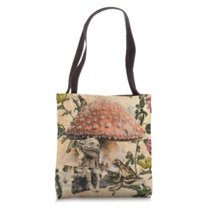 garden gnome & frog - vintage flowers goblincore aesthetic tote bag