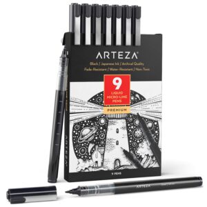 arteza micro-line ink pens, set of 9, black fineliners with japanese archival ink, art supplies for comic artists and illustrators