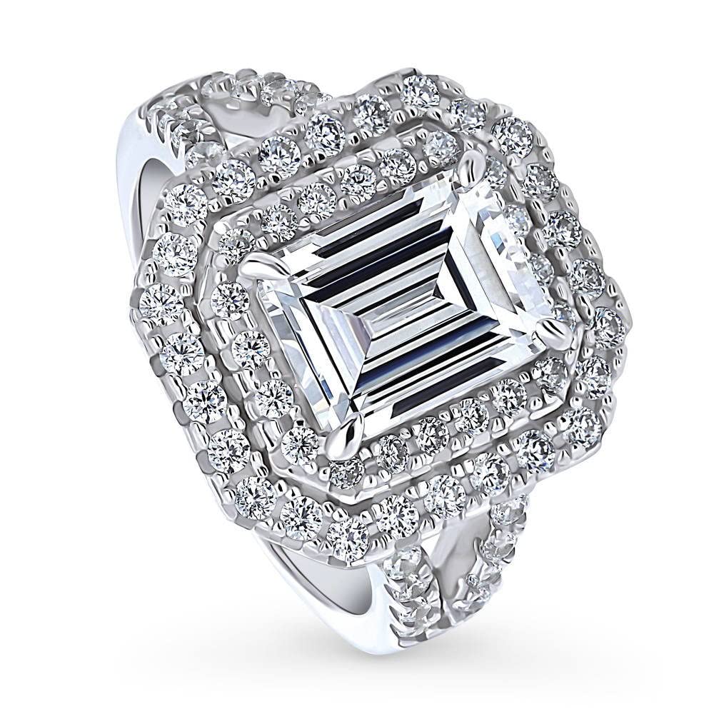 BERRICLE Sterling Silver Halo Wedding Engagement Rings Emerald Cut Cubic Zirconia CZ Statement Cocktail Split Shank Ring for Women, Rhodium Plated Size 8