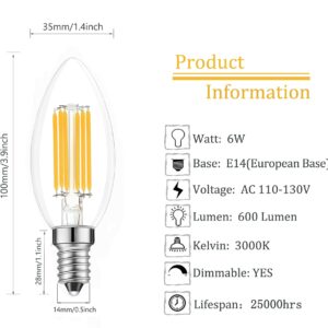 Lamsky E14 Dimmable LED Bulb,110V 600Lumens 60W Equivalent Warm White 3000K,E14 European Base Candelabra LED Bulbs,Clear Glass Torpedo Shape(10-Pack)