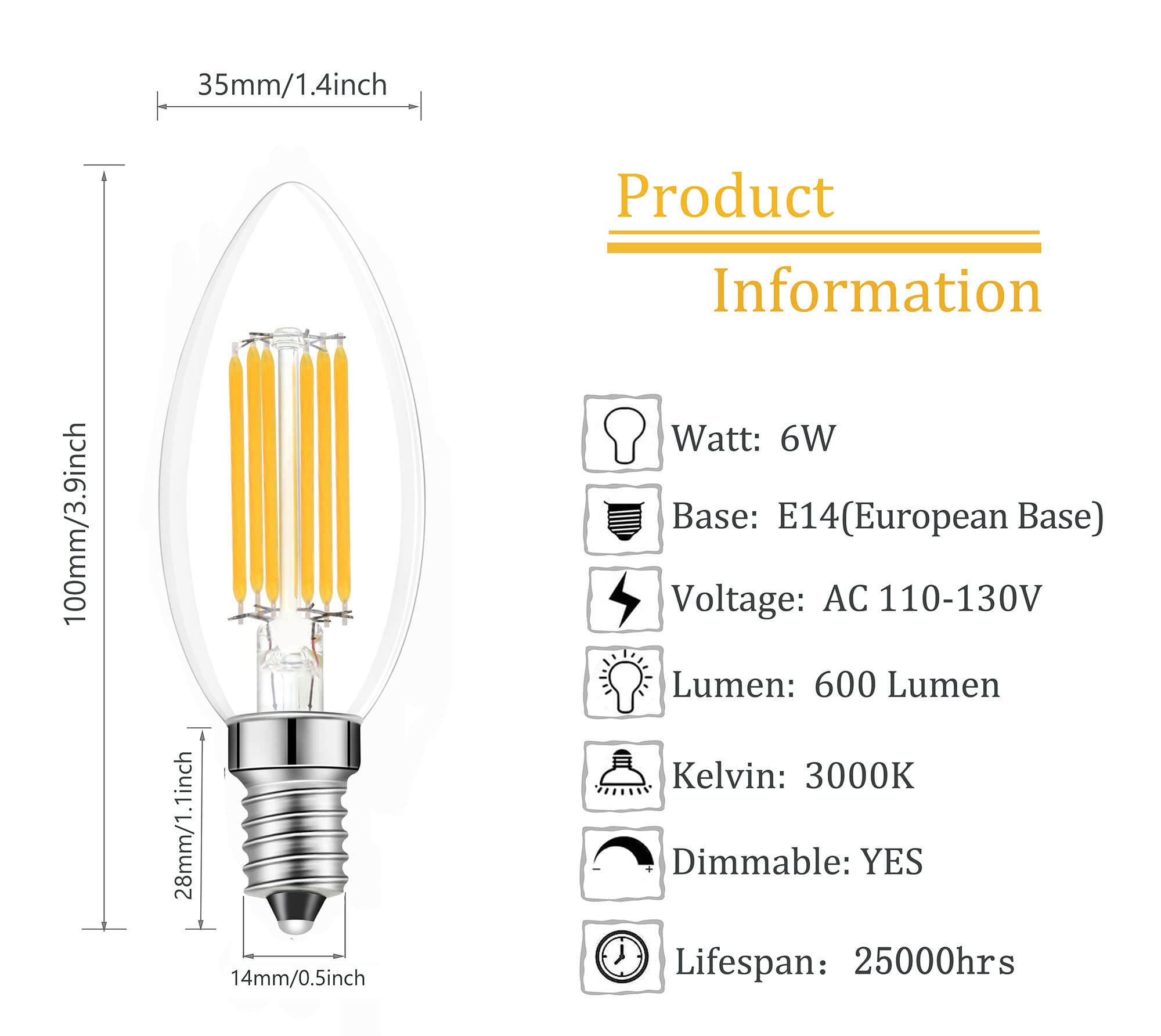 Lamsky E14 Dimmable LED Bulb,110V 600Lumens 60W Equivalent Warm White 3000K,E14 European Base Candelabra LED Bulbs,Clear Glass Torpedo Shape(10-Pack)