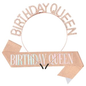 didder birthday crowns for women, rose gold birthday queen sash & birthday tiara set, birthday tiara for women birthday crown princess crown birthday girl headband happy birthday accessories