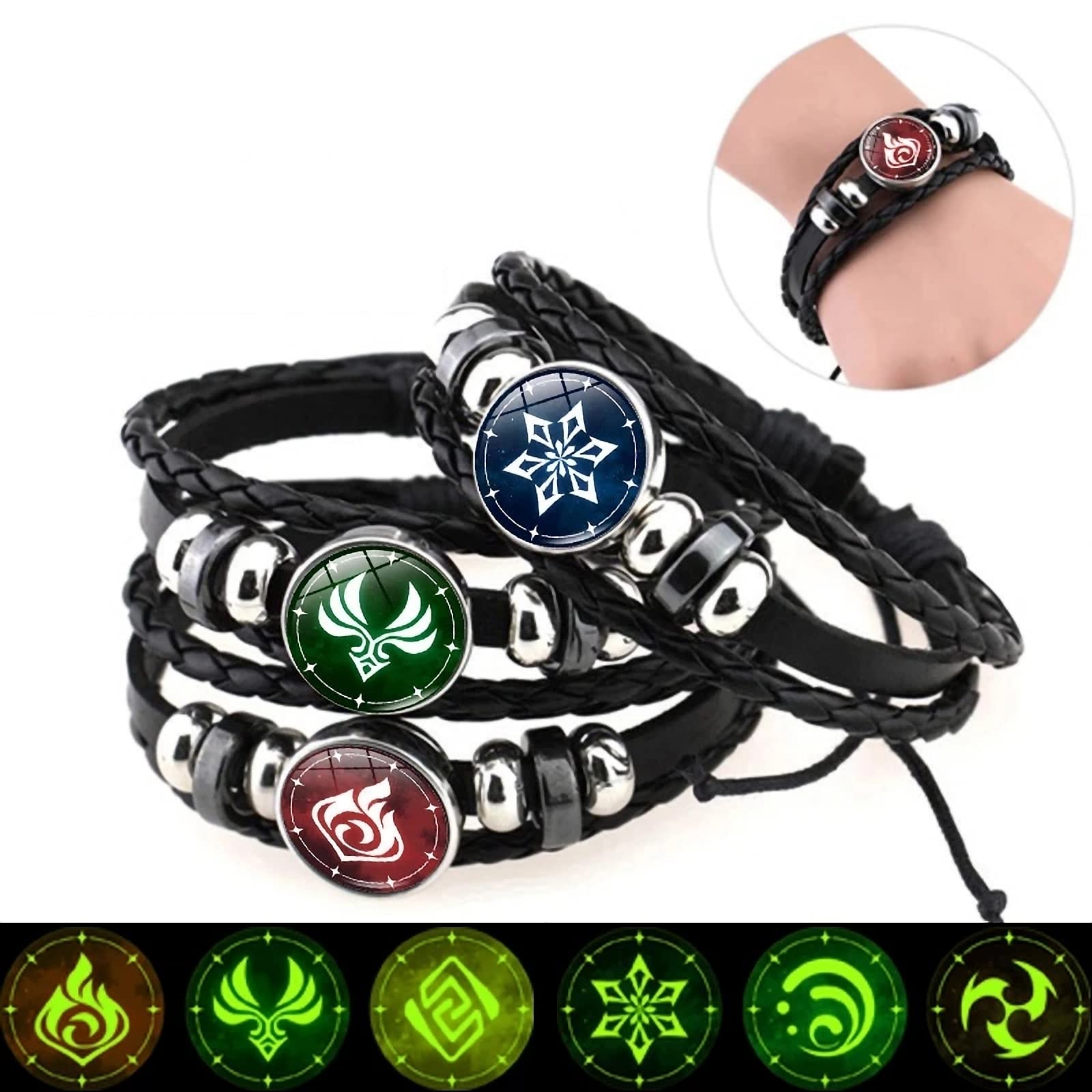 UTIEHD Genshin Impact Bracelet 7 Pcs, Animne Luminous Bracelet, Element Luminous Bracelets Glow in Dark, God's Eye Time Gem Bracelet of Fire, Ice, Wind, Grass, Rock, Thunder, Water