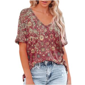 modedress summer tops for women basic short sleeve t shirt casual loose print tunic top crewneck comfy ladies blouse, red