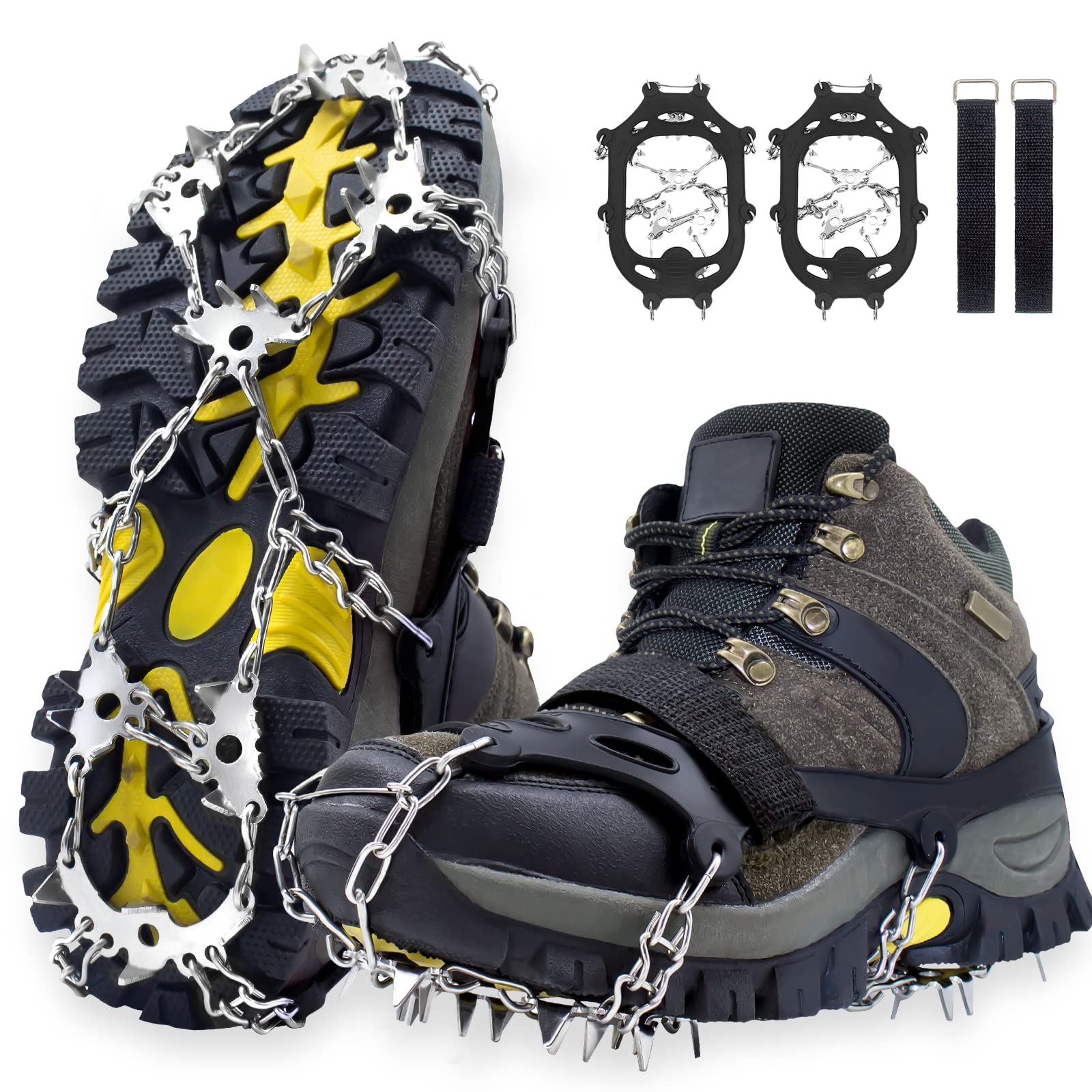 Crampons Ice Cleats Anti Slip Newest 28 Stainless Steel Spikes Suitable for All Boots Shoes Great Protect for Hiking Trekking Walking Jogging Climbing Mountaineering Fishing Men Women Kids(Black, L)