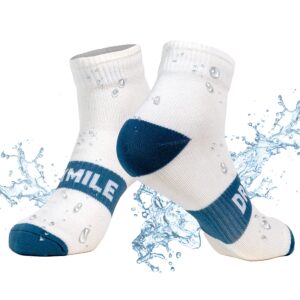 drymile active waterproof socks, breathable cushioned running, hiking, winter waterproof socks for men & women - ankle (large, white/blue)