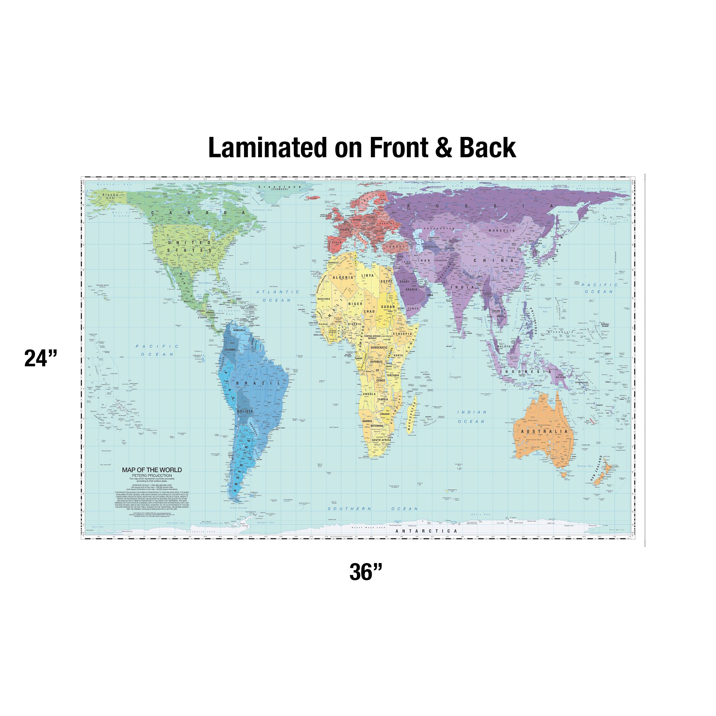 Updated Peters Projection World Map | Laminated 36" x 24” Map | Developed by Arno Peters | Most Proportionally-Accurate Land Mass Depiction | Country Size & Scale is True, Unlike Most Maps | Major Countries, Cities, & Bodies of Water Labeled