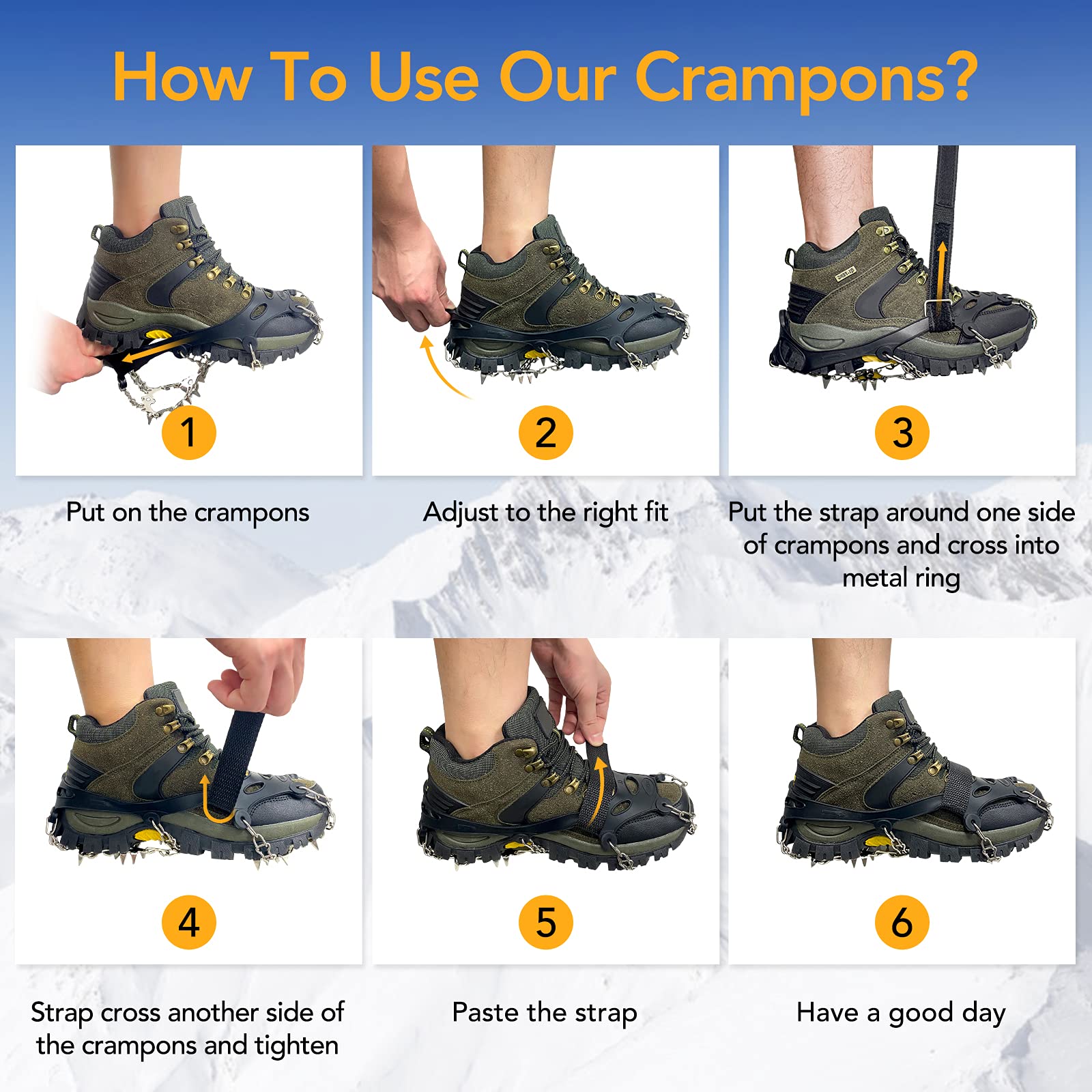 Crampons Ice Cleats Anti Slip Newest 28 Stainless Steel Spikes Suitable for All Boots Shoes Great Protect for Hiking Trekking Walking Jogging Climbing Mountaineering Fishing Men Women Kids(Black, L)