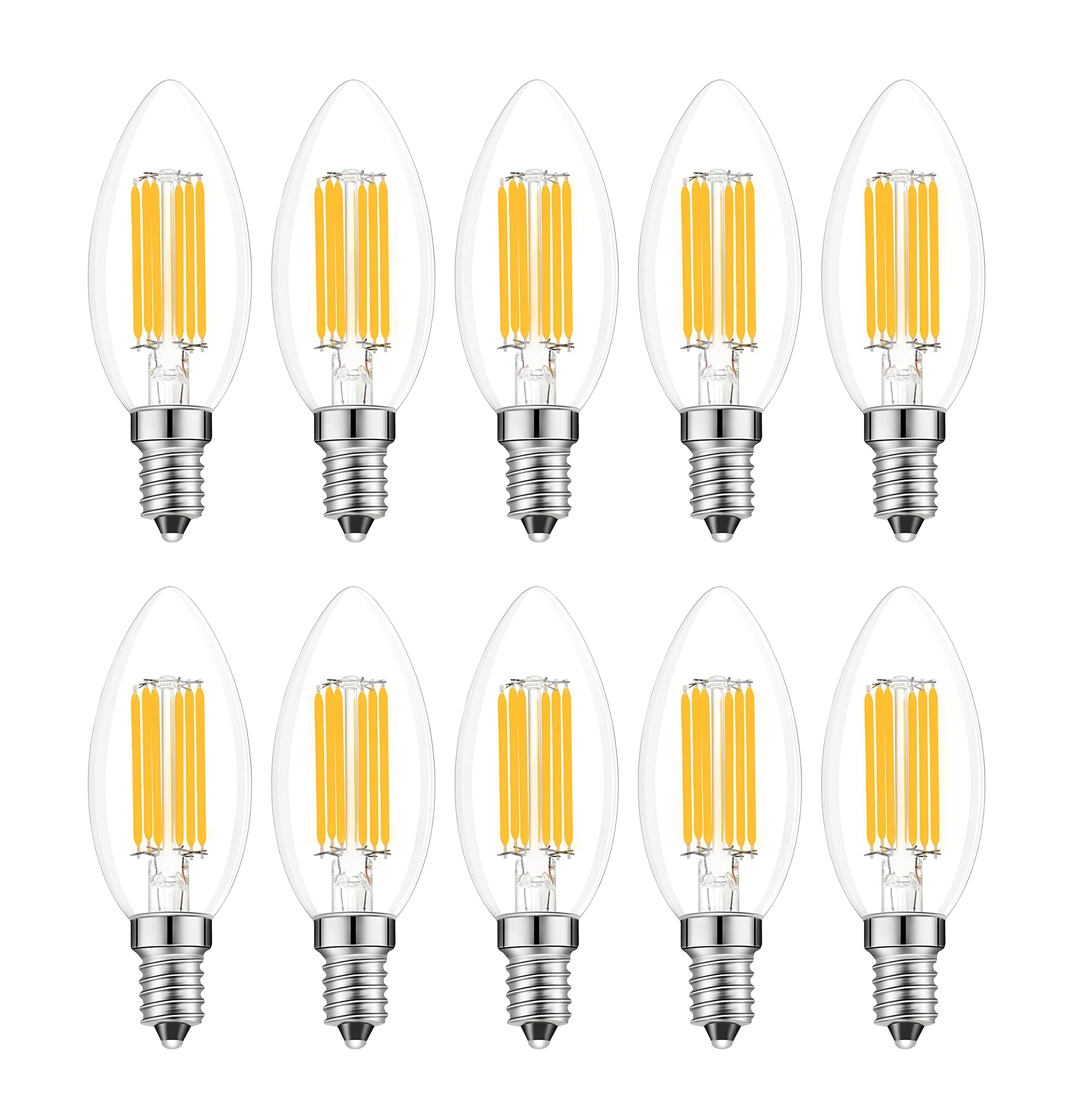 Lamsky E14 Dimmable LED Bulb,110V 600Lumens 60W Equivalent Warm White 3000K,E14 European Base Candelabra LED Bulbs,Clear Glass Torpedo Shape(10-Pack)