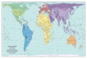 updated peters projection world map | laminated 36" x 24” map | developed by arno peters | most proportionally-accurate land mass depiction | country size & scale is true, unlike most maps | major countries, cities, & bodies of water labeled