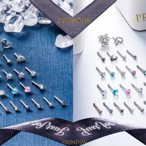 Prjndjw 44pcs 18G 20G Nose Rings Studs Nose Rings for Women Nose Piercings Jewelry Surgical Stainless Steel Straight Nose Studs Moon Star Heart Butterfly Hypoallergenic for Men